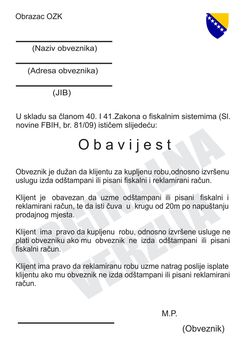 Obrazac OZK Obavijest A3 - Kancelarijski materijal i oprema - OLX.ba